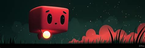 Cute Red Cube Character Flying Over A Fantasy Landscape At Night