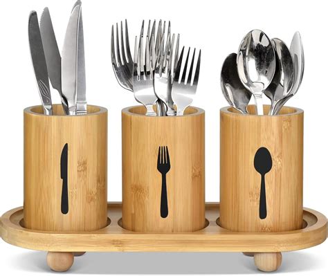 Bamboo Silverware Organizer Holder For Forks Spoons Knives