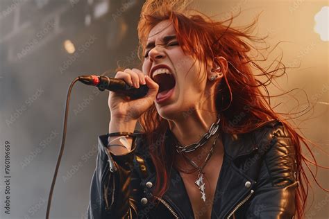 Heavy Metal Singer And Vocalist Female Rocker Singing Screaming Into A