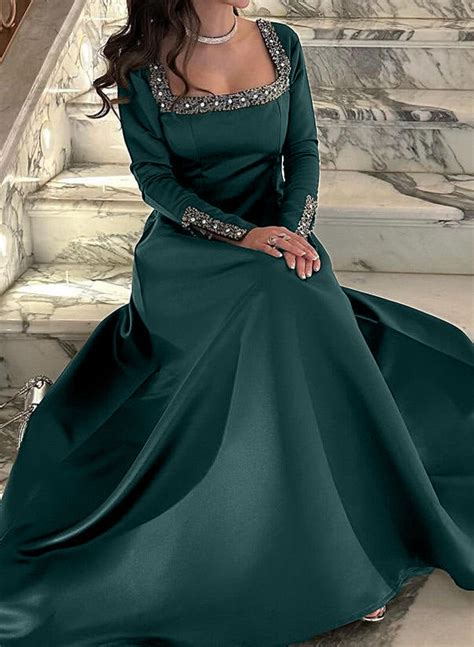 A Line Square Neckline Long Sleeves Satin Evening Dresses Missacc