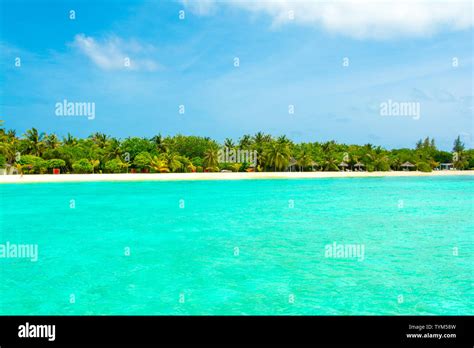 Beautiful Sandy Beach With Sunbeds And Umbrellas In Indian Ocean