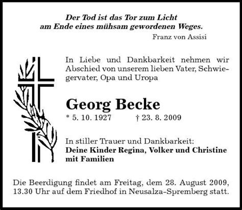 Traueranzeigen Von Georg Becke Trauer Anzeigen De