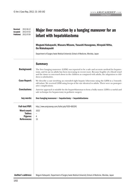 Pdf Major Liver Resection By A Hanging Maneuver For An Infant With