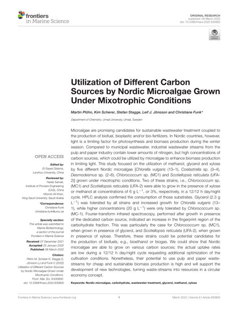 Pdf Utilization Of Different Carbon Sources By Nordic Microalgae