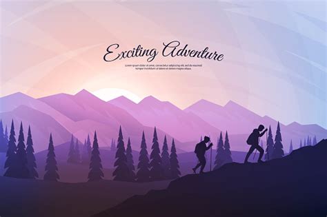 관광객과 벡터 배경 자연을 발견하고 탐험하고 관찰하는 여행 개념 하이킹 여행객들은 배낭과 여행 지팡이를 들고 올라갑니다 웹 사이트 템플릿입니다 다채로운 일몰 장면 등산에