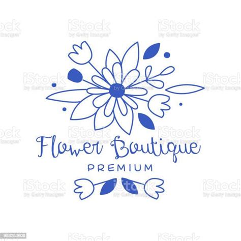 꽃 부티크 프리미엄 심볼 디자인 꽃 엠 블 럼 꽃집 꽃가 게 배지 손으로 그려진된 벡터 일러스트는 흰색 바탕에 파란색 개념에 대한 스톡 벡터 아트 및 기타 이미지 Istock