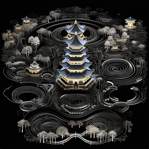 A Close Up Of A Drawing Of A Pagoda Surrounded By Trees Generative Ai