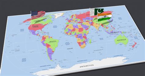 India Pakistan And United States Flag Waving With The 3d World Map