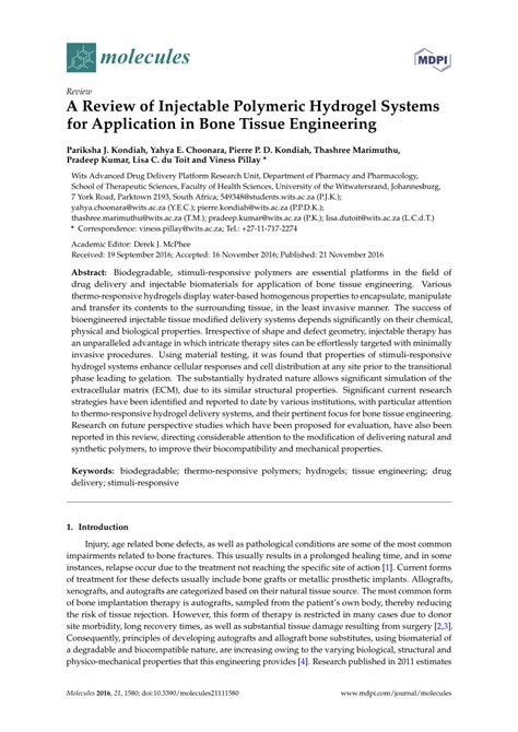 Pdf A Review Of Injectable Polymeric Hydrogel Systems For Application