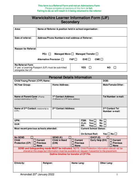 Fillable Online Warwickshire Learner Information Form Lif Secondary Fax Email Print Pdffiller