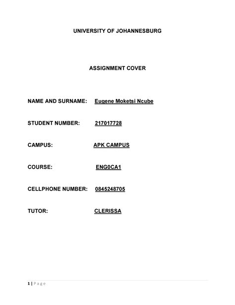 English Assessment 2 University Of Johannesburg Assignment Cover Name