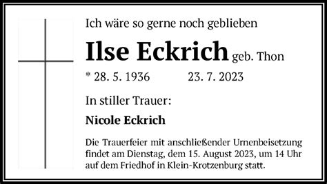 Traueranzeigen Von Ilse Eckrich Trauerop Onlinede