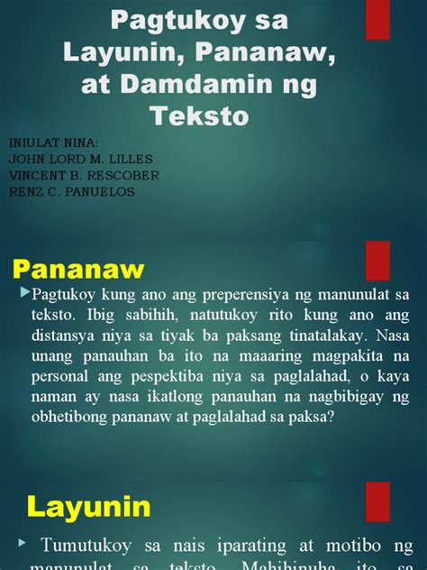 Pagtukoy Sa Layunin Pananaw At Damdamin Ng Teksto Pdf
