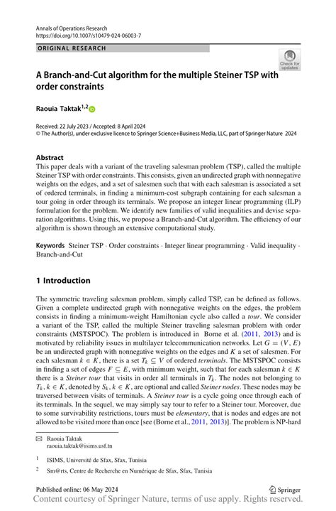 A Branch And Cut Algorithm For The Multiple Steiner Tsp With Order
