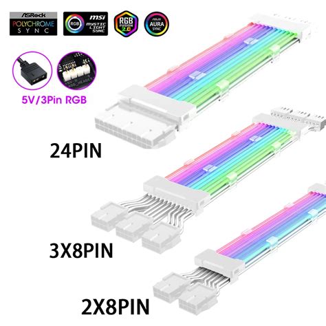 White Pc Case Psu Extension Rgb Cable Atx 24pin Pci E Gpu 2x8pin Neon