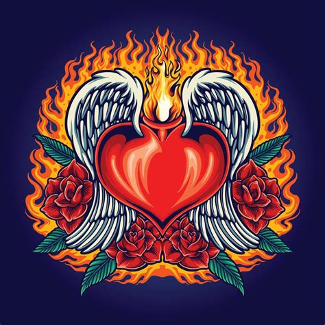 Heart Angel Fiery With Red Rose Blooms Vector Illustrations 6923403