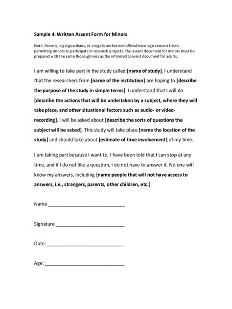 Fillable Online Sample 4 Written Assent Form For Minors Fax Email