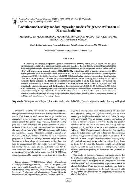 Pdf Lactation And Test Day Random Regression Models For Genetic