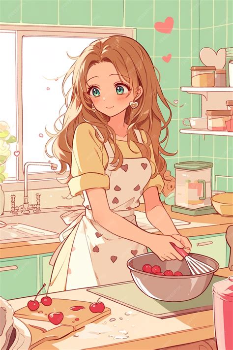 Premium Photo Anime Girl Cooking In The Kitchen With Cherries In A