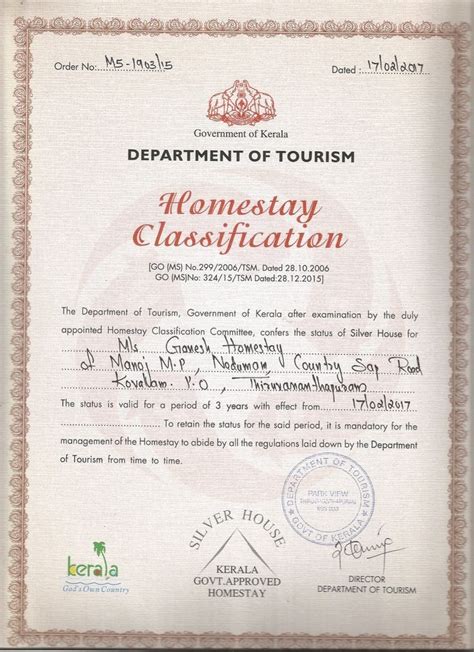 Homestay Licence Ganesh House Certificate