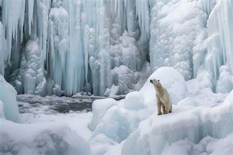 Polar Bear Standing On Frozen Waterfall Winter Artic Landscape