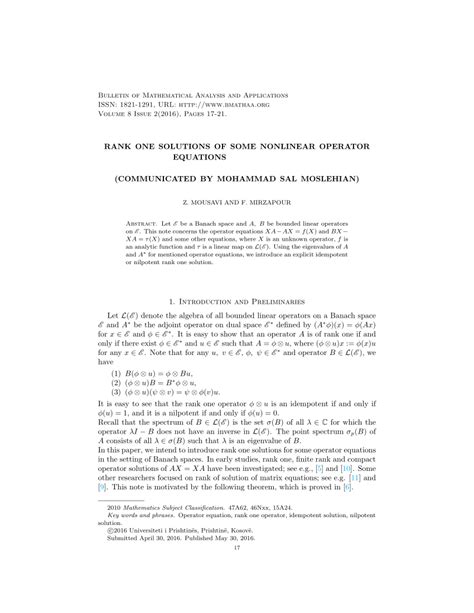 Pdf Rank One Solutions Of Some Nonlinear Operator Equations