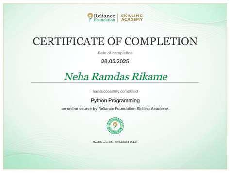 Completed Python Course From Reliance Foundation Skilling Academy
