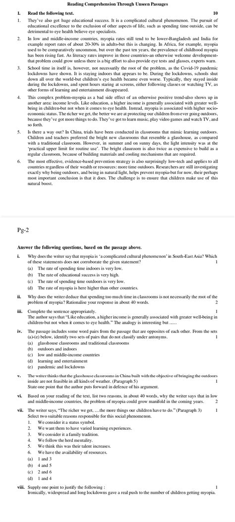 Reading Comprehension Through Unseen Passages Read The Following Text 10