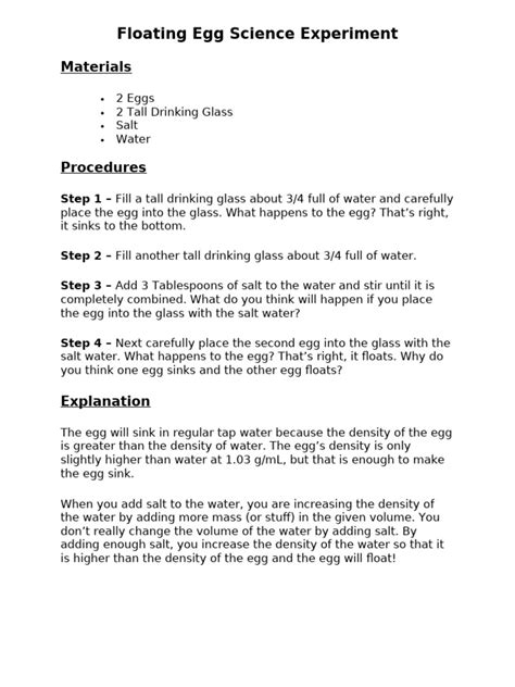 Floating Egg Science Experiment Pdf