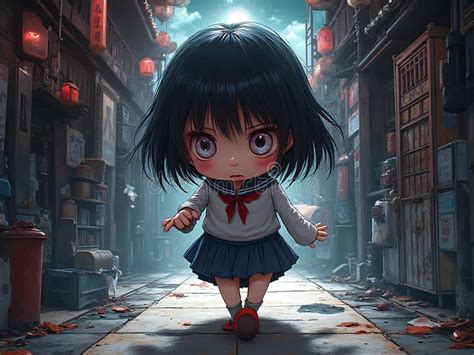 Cute Anime Girl Walking On Street With Red Lanterns Stock Illustration