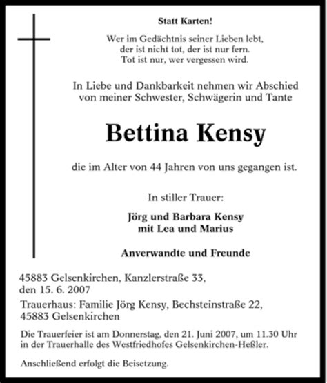 Traueranzeigen Von Bettina Kensy Trauer In Nrw De