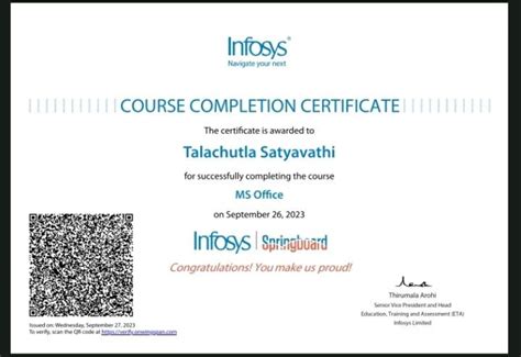 Course Completion Certificate Of Ms Office At Infosys Springboard Talachutla Satyavathi