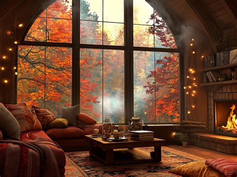 Cozy Autumn Living Room View Arched Window Fall Landscape Digital