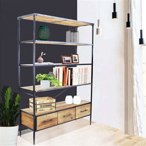 Mobile Libreria Da 128x44 Cm In Metallo Con Ripiani E Cassetti In Legno