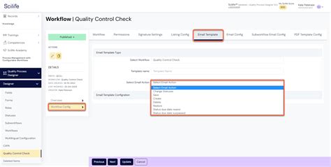 which actions of a workflow or subworkflow can an email template be