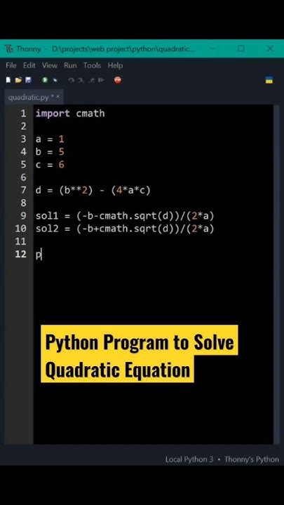 Python Program To Solve Quadratic Equation Shorts Coding Python Programming Youtube