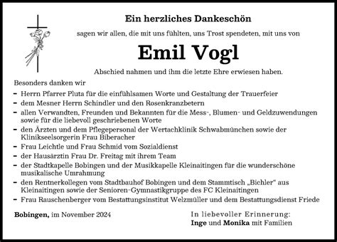 Traueranzeigen Von Emil Vogl Augsburger Allgemeine Zeitung