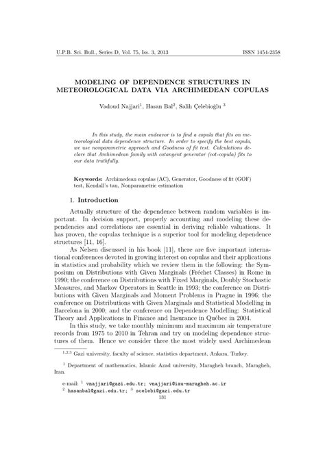 Pdf Modeling Of Dependence Structures In Meteorological Data Via Archimedean Copulas