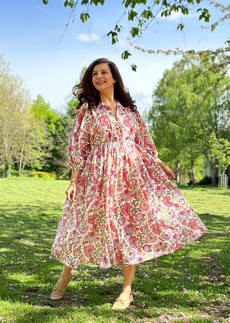 Pure Cotton Long Dress Indian Block Print Boho Colourful Summer Earthy