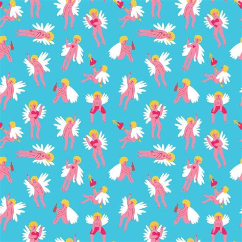 Valentine Funny Angels Seamless Pattern Vector Illustration In Doodle