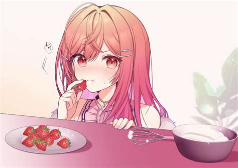 Safebooru 1girl Absurdres Eating Fingernails Food Fruit Highres