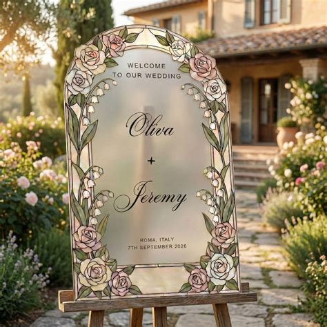 Custom Stained Glass Style Wedding Welcome Sign Rose And Lily Arch Etsy