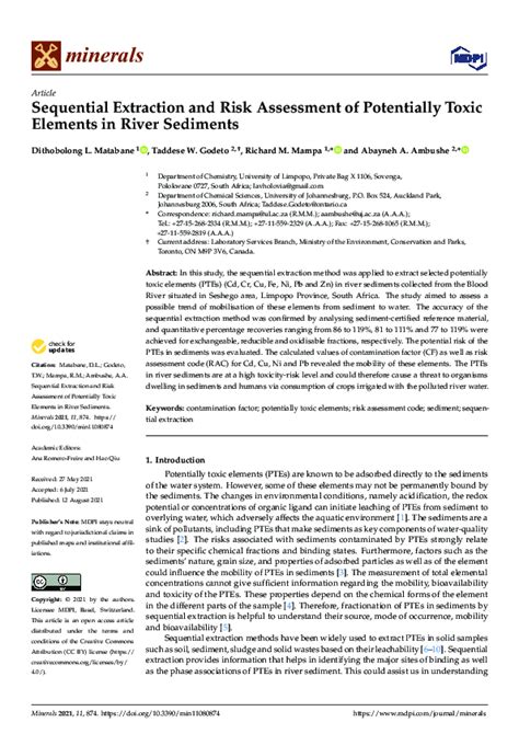 Pdf Sequential Extraction And Risk Assessment Of Potentially Toxic Elements In River Sediments
