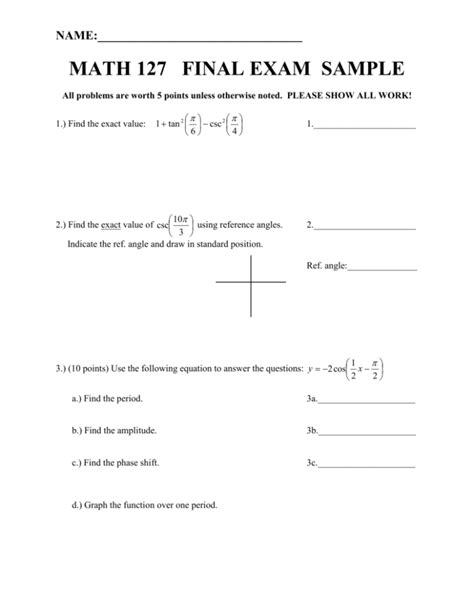 Math 127 Final Exam Sample Trigonometry