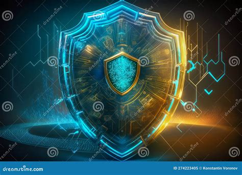 Cybersecurity Shield In Futuristic Digital Space With Neon Hues Intricate Circuitry Patterns