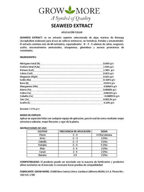 Ft Seaweed Extract Pdf Fertilizante Elementos Químicos