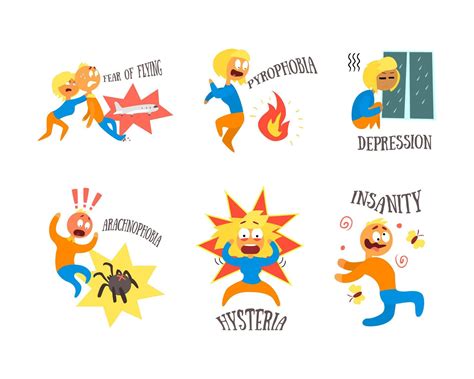 Different Fears And Phobia With Comic Man And Woman Afraid Of Various