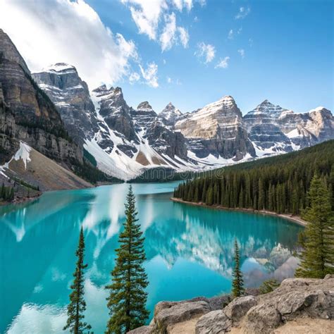 Beautiful Turquoise Waters Of The Moraine Lake With Snow Covered Peaks