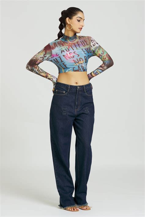 Buy Multi Color Spandex Print Graffiti Turtle Neck Crop Top For Women