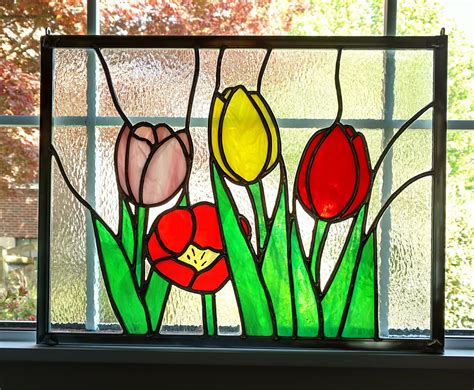 Tulips Stained Glass Window Panel Stained Glass Flower Red Yellow